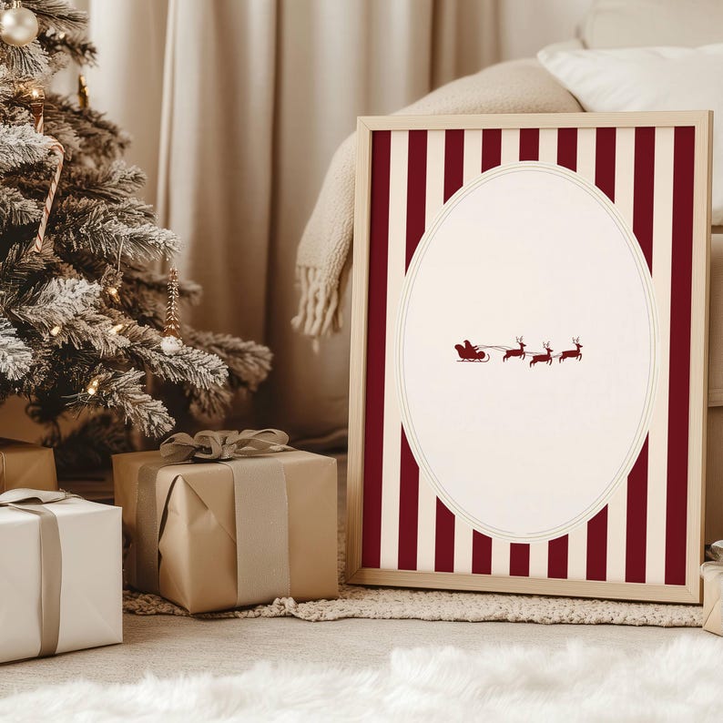 Minimal Christmas Reindeer Sleigh Poster – Red and White Holiday Wall ...