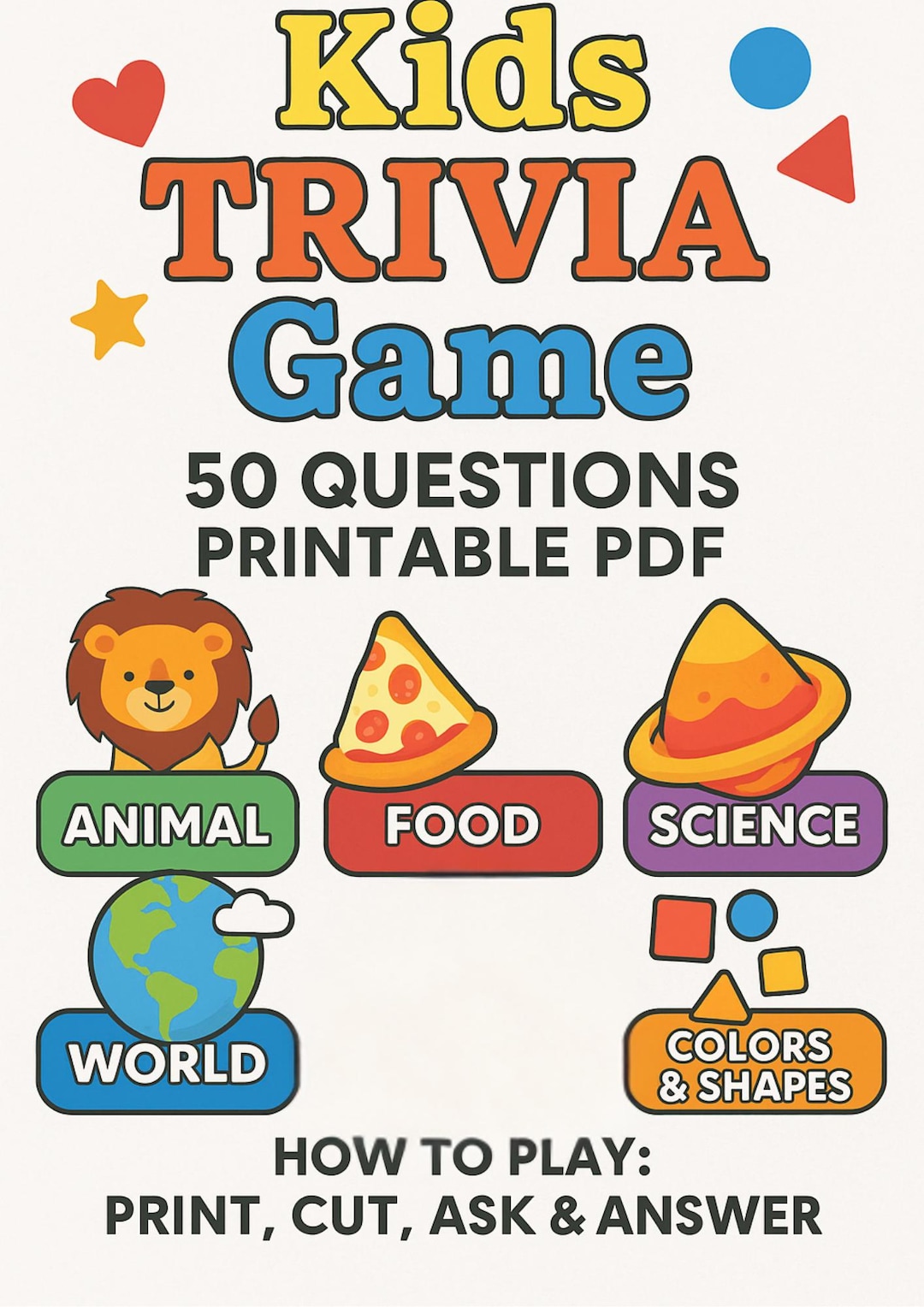 Kids Trivia Cards 50 Printable Questions & Answers Fun Educational Quiz ...