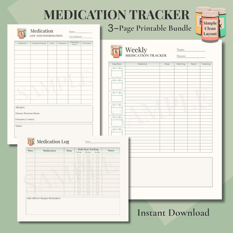 Medication Tracker Printable Bundle, Daily Weekly Medication Log, Pill ...