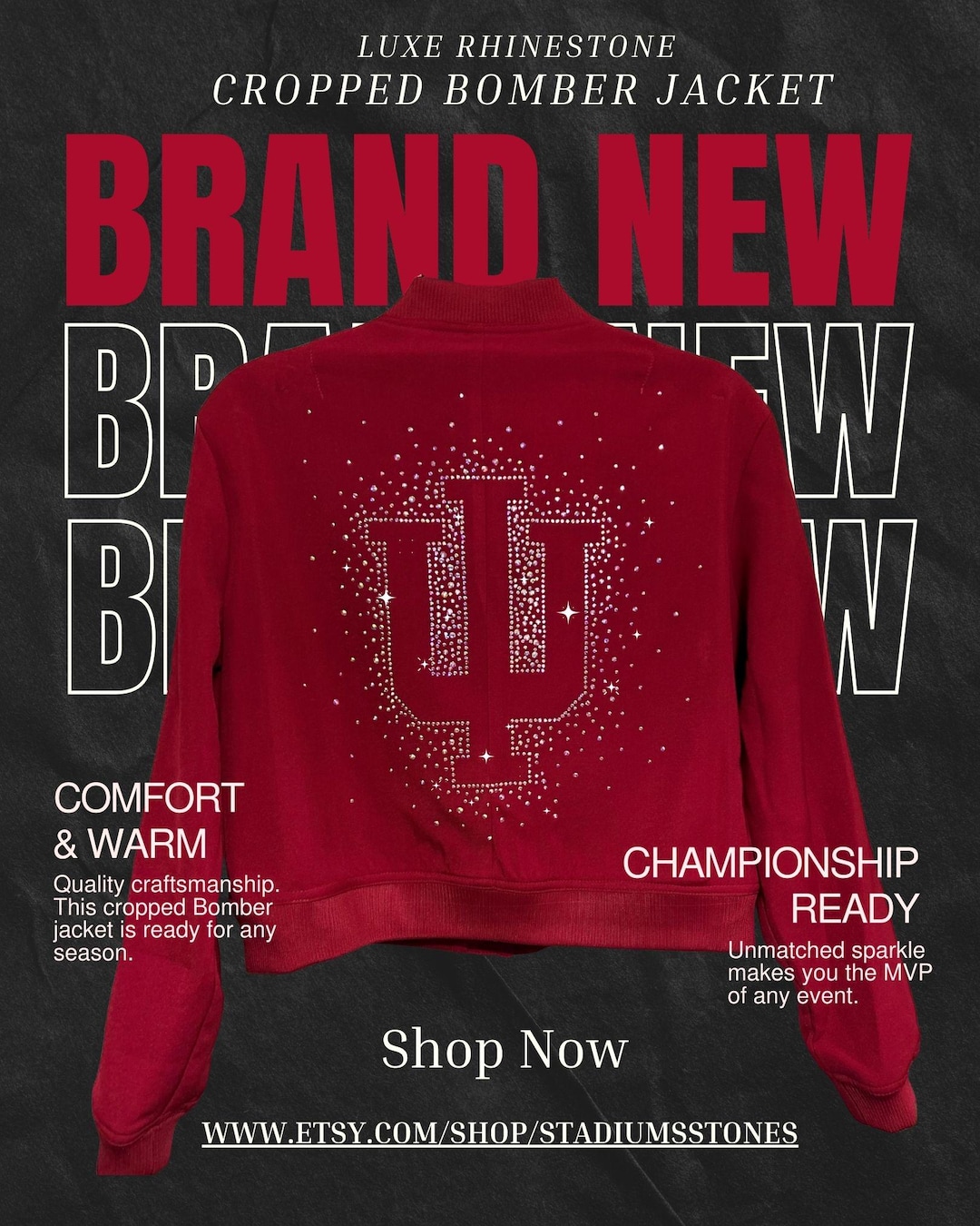 Indiana University Luxe Rhinestone Red Short Cropped Bomber Jacket ...