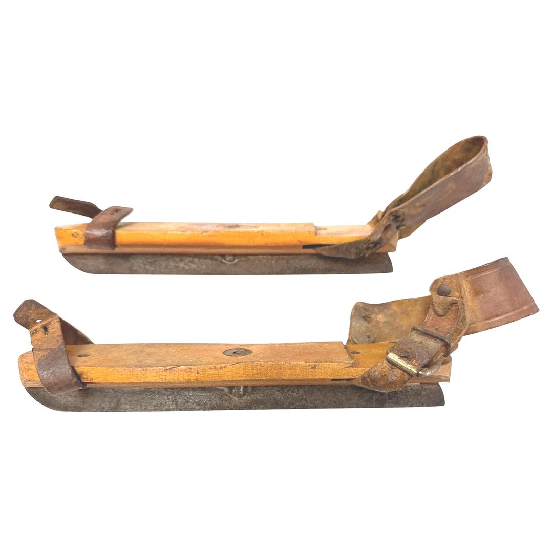 Antique Steadfast Wooden Ice Skates W/ Leather Straps Rustic Winter ...