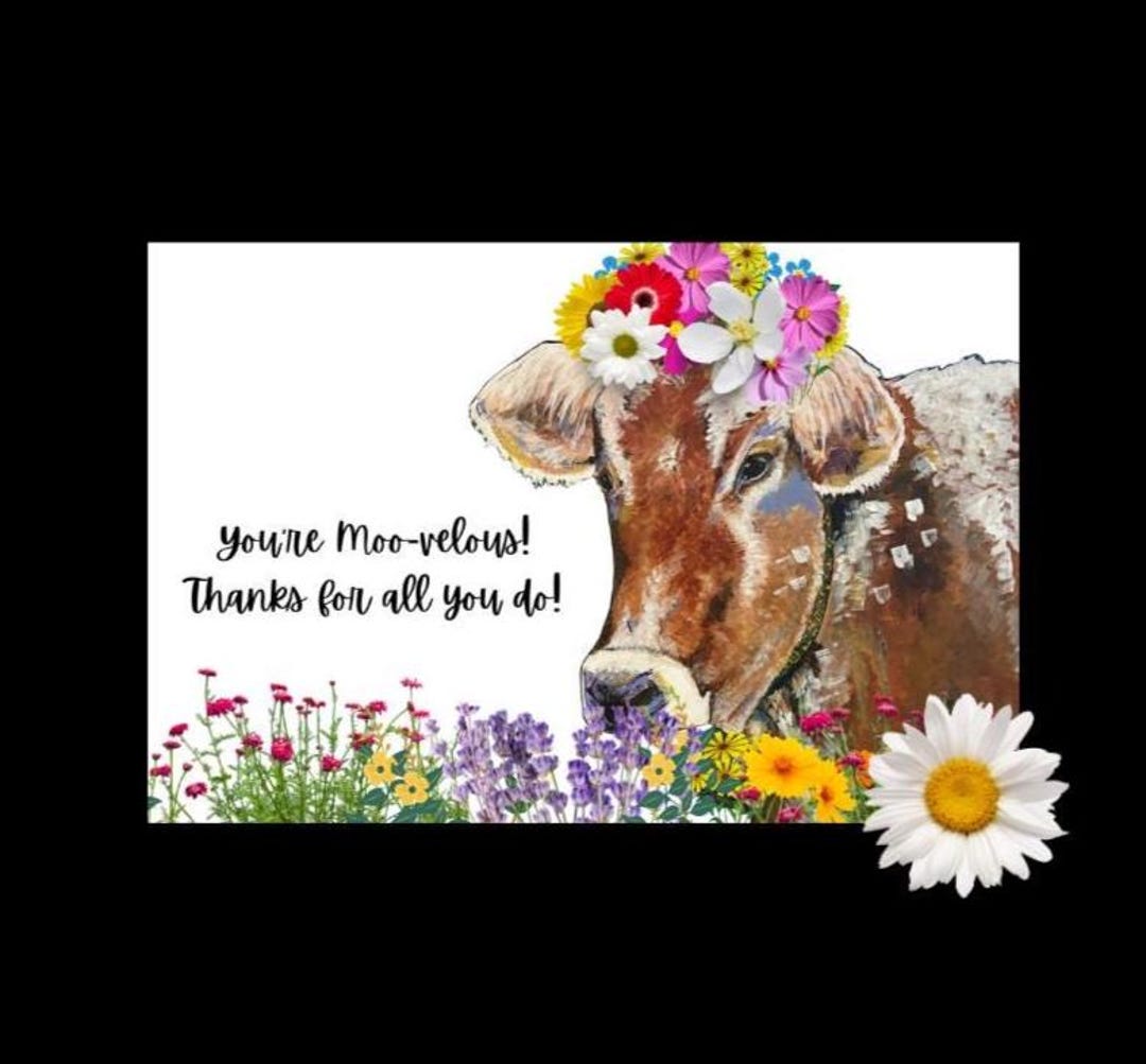 Thank You Card, Whimsical Cow, You're Moo-velous! - Etsy