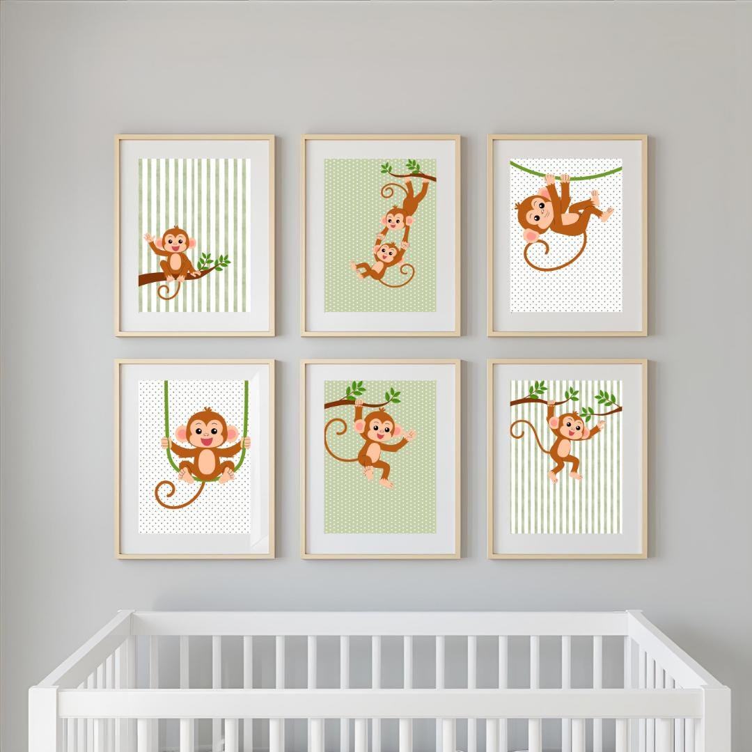 Minimalist Monkey Wall Art | Swinging Monkeys Green Nursery Decor ...