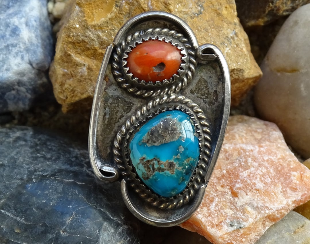 Vintage Southwestern Turquoise Red Coral Ring Sterling Silver - Etsy