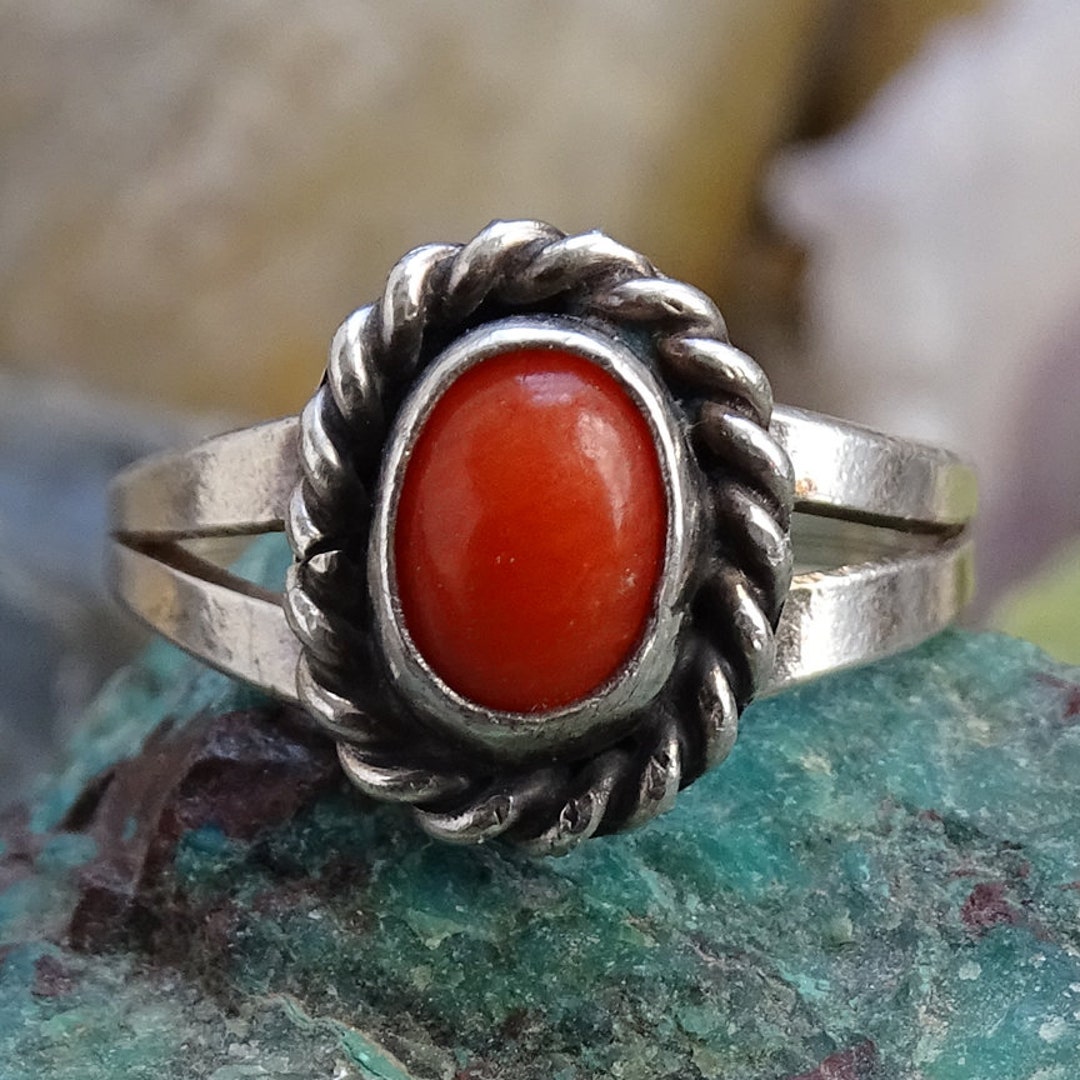 Vintage, Petite, Native American, Coral PINKY Ring, Size 4.75, Handmade ...