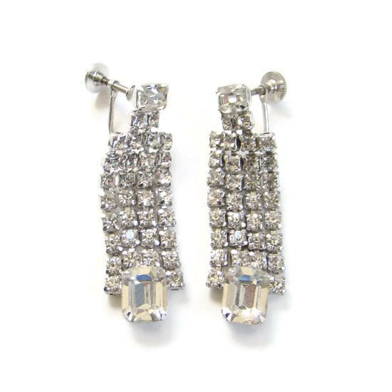 Vintage Clear Rhinestone Drop Dangle Earrings Screw Back Etsy