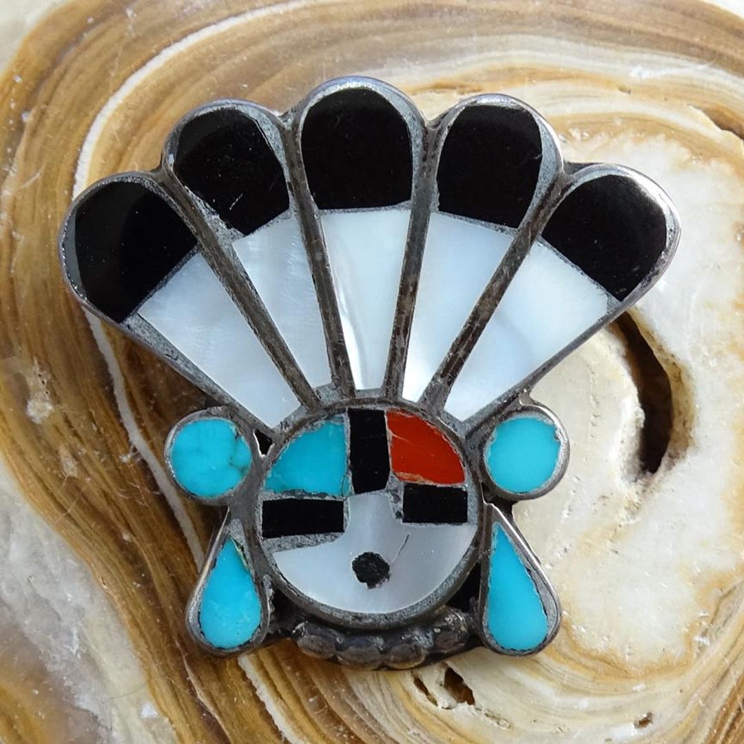 Vintage Zuni Sunface Pin: Sterling Silver, Turquoise, Coral, Onyx, Mop ...