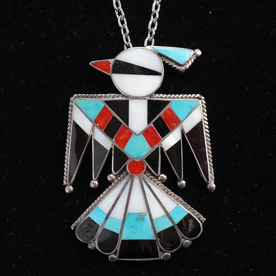 Vintage Zuni, 24”, Thunderbird Pendant Necklace, Multi Stone Inlay ...