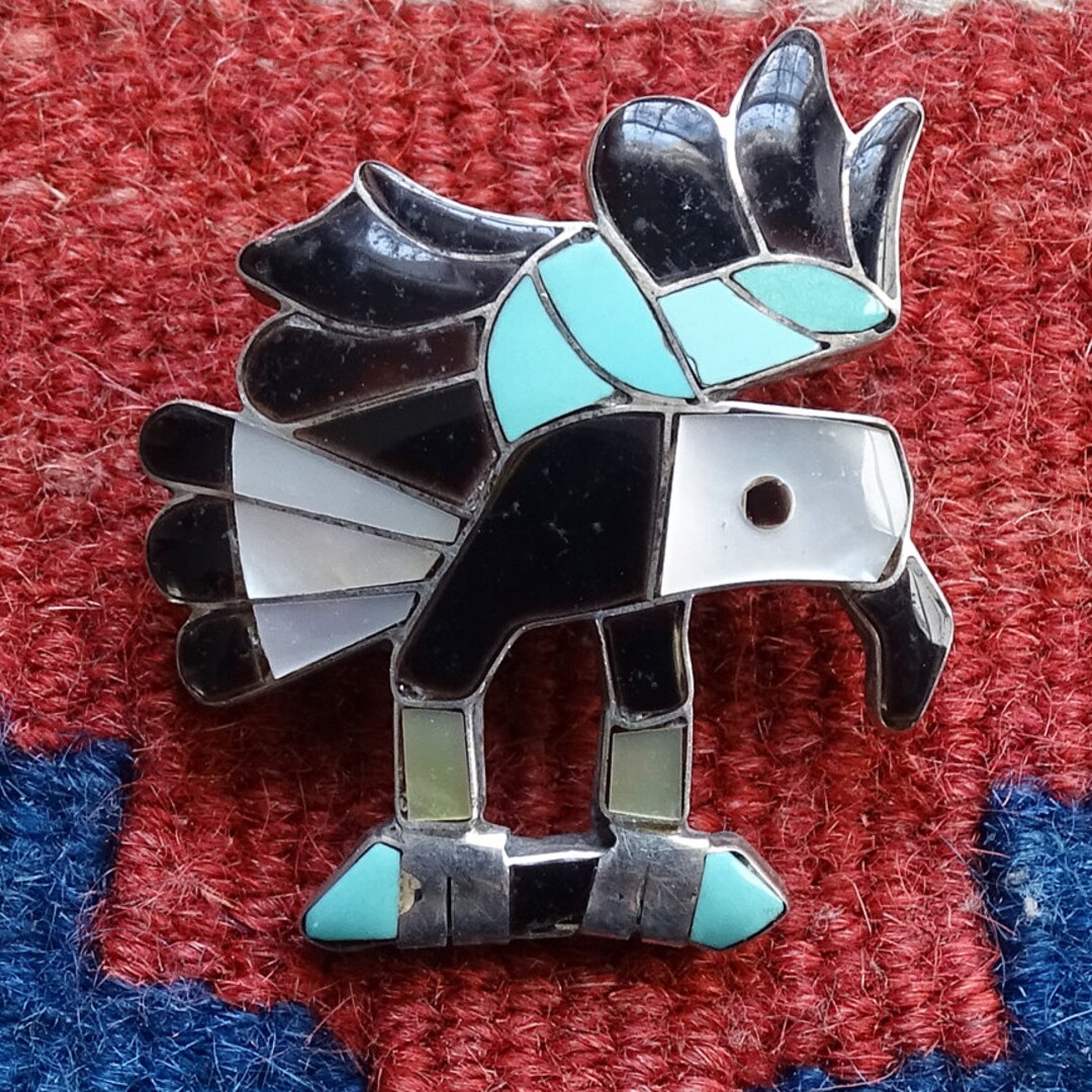 Vintage Zuni Eagle Pendant Brooch Pin Turquoise Jet MOP Sterling Silver ...