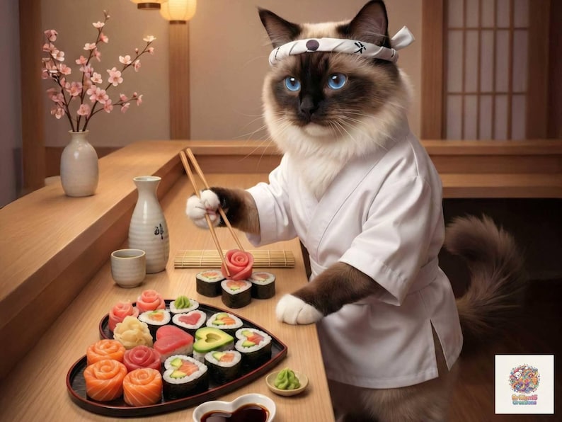 Ragdoll Cat Sushi Chef Print | Valentine Date Night Art | Japanese ...
