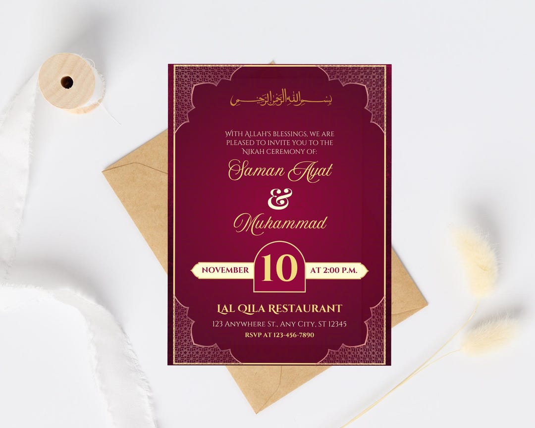 Editable Nikah Invitation Template | Muslim Wedding Invitation | Red ...