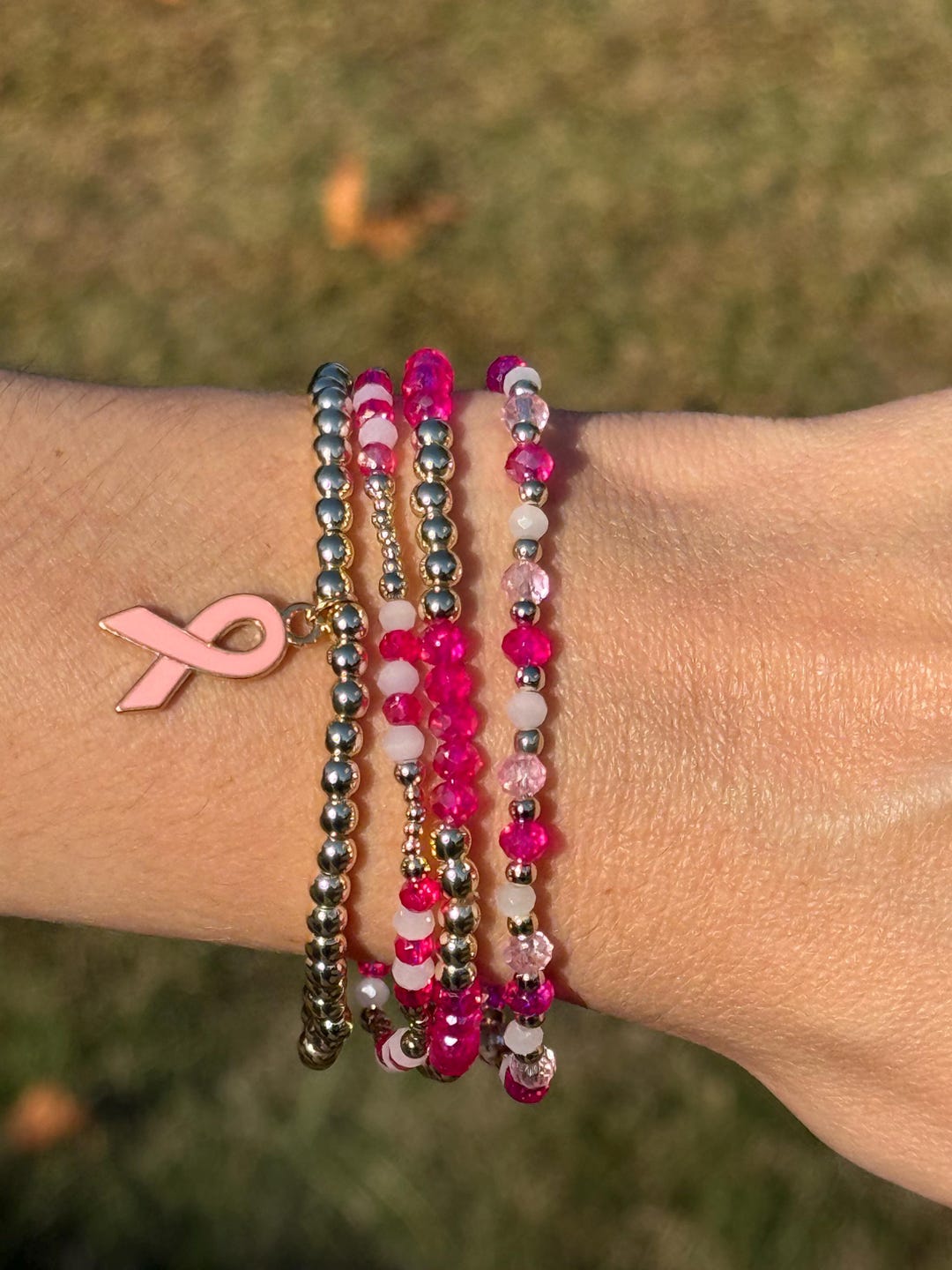Breast Cancer Awareness Themed Bead Bracelet Stack: Minimalist ...