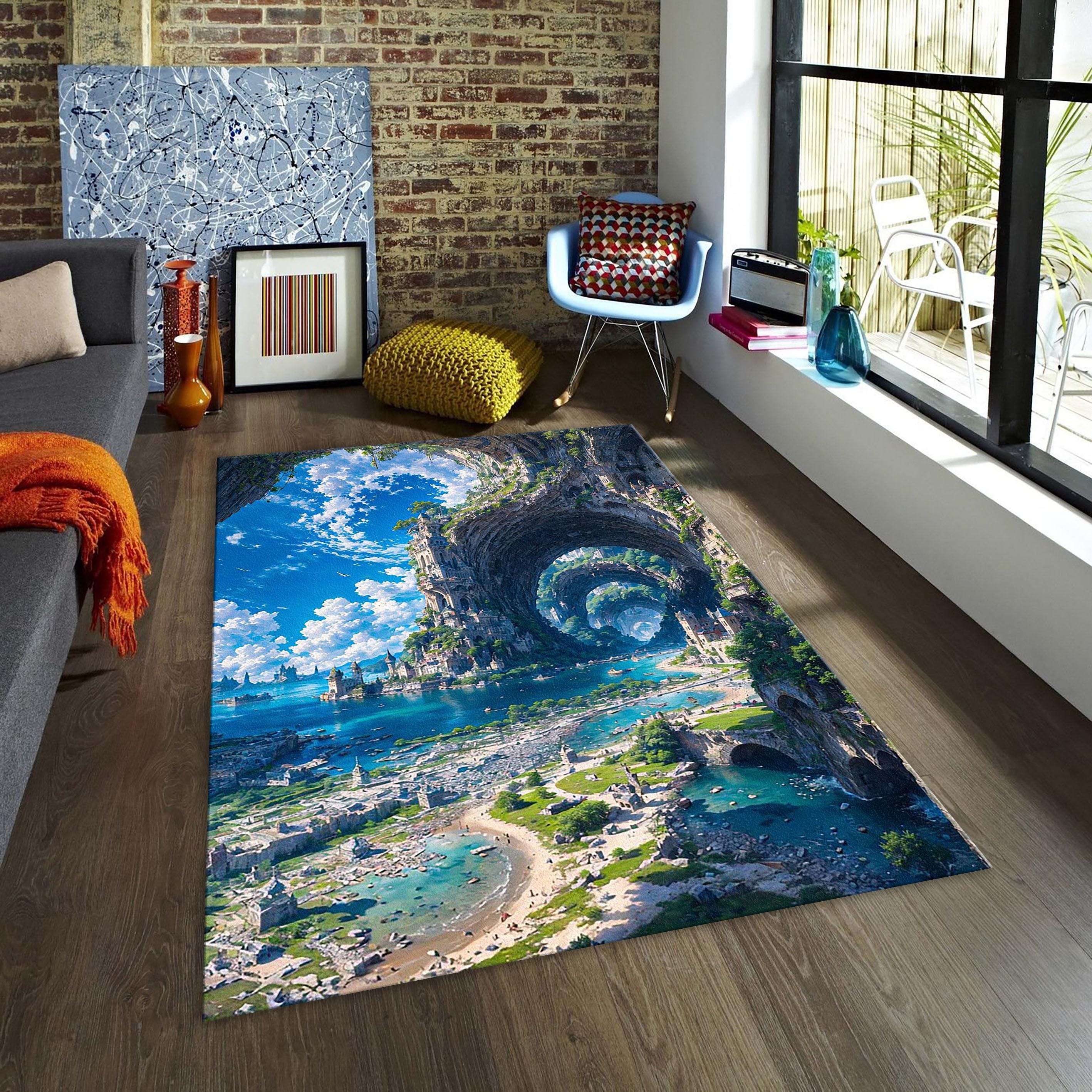 Fantasy Castle Landscape Rug, Surreal Ocean Archway Rug, Epic Medieval ...