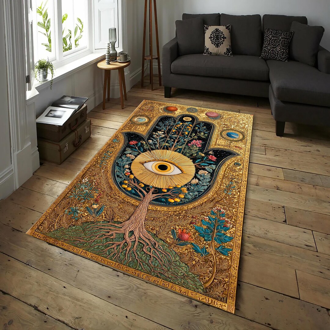 Hamsa Hand Rug, Gold Evil Eye Rug, Spiritual Tree of Life Design, Boho ...