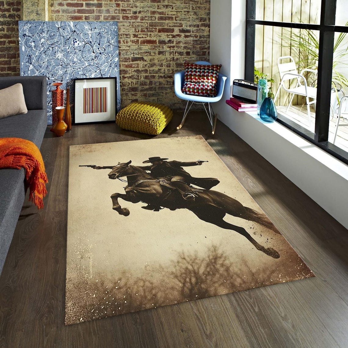 Rustic Retro Cowboy Rug, Cowboy Area Rug, Living Room Rug, Western Rug ...