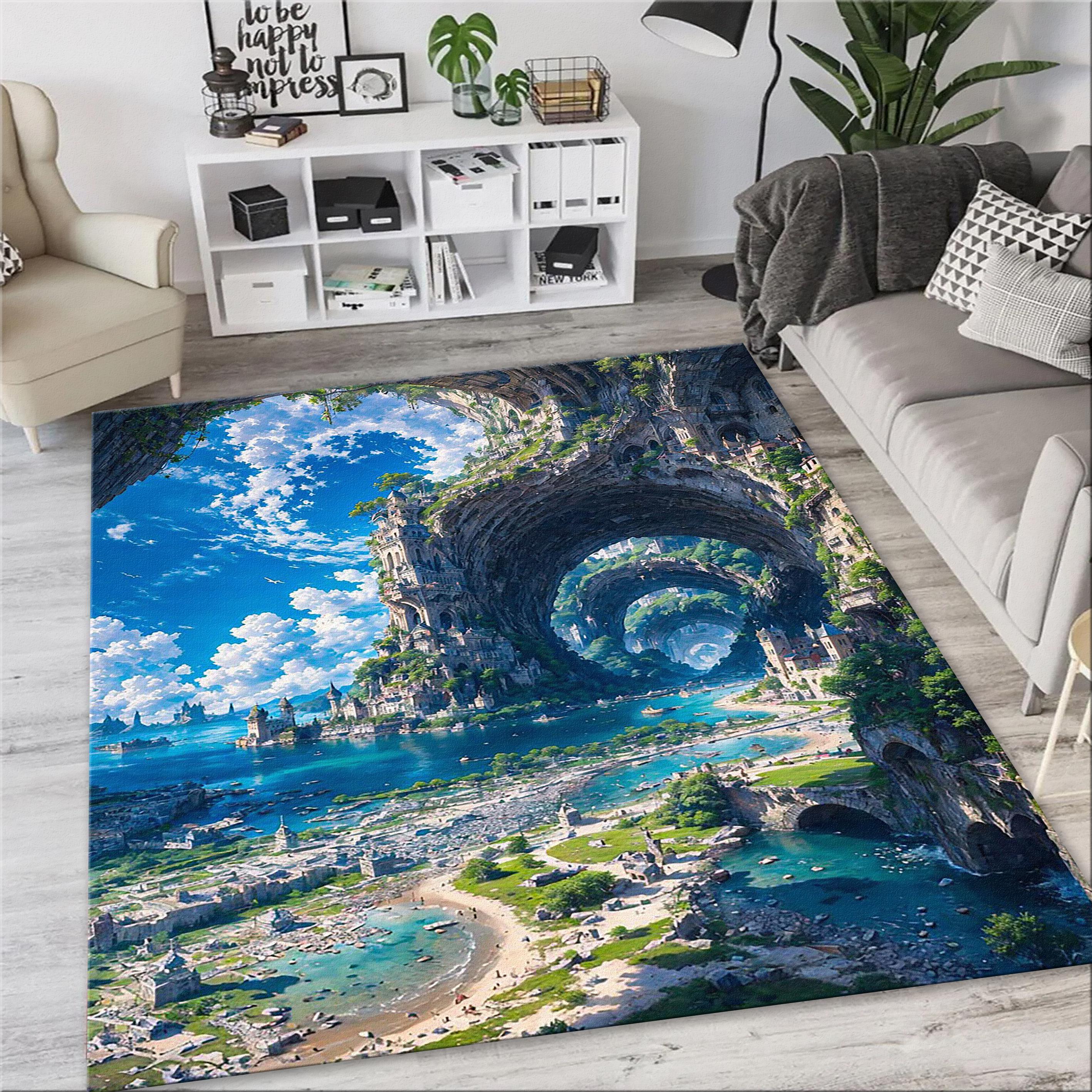 Fantasy Castle Landscape Rug, Surreal Ocean Archway Rug, Epic Medieval ...