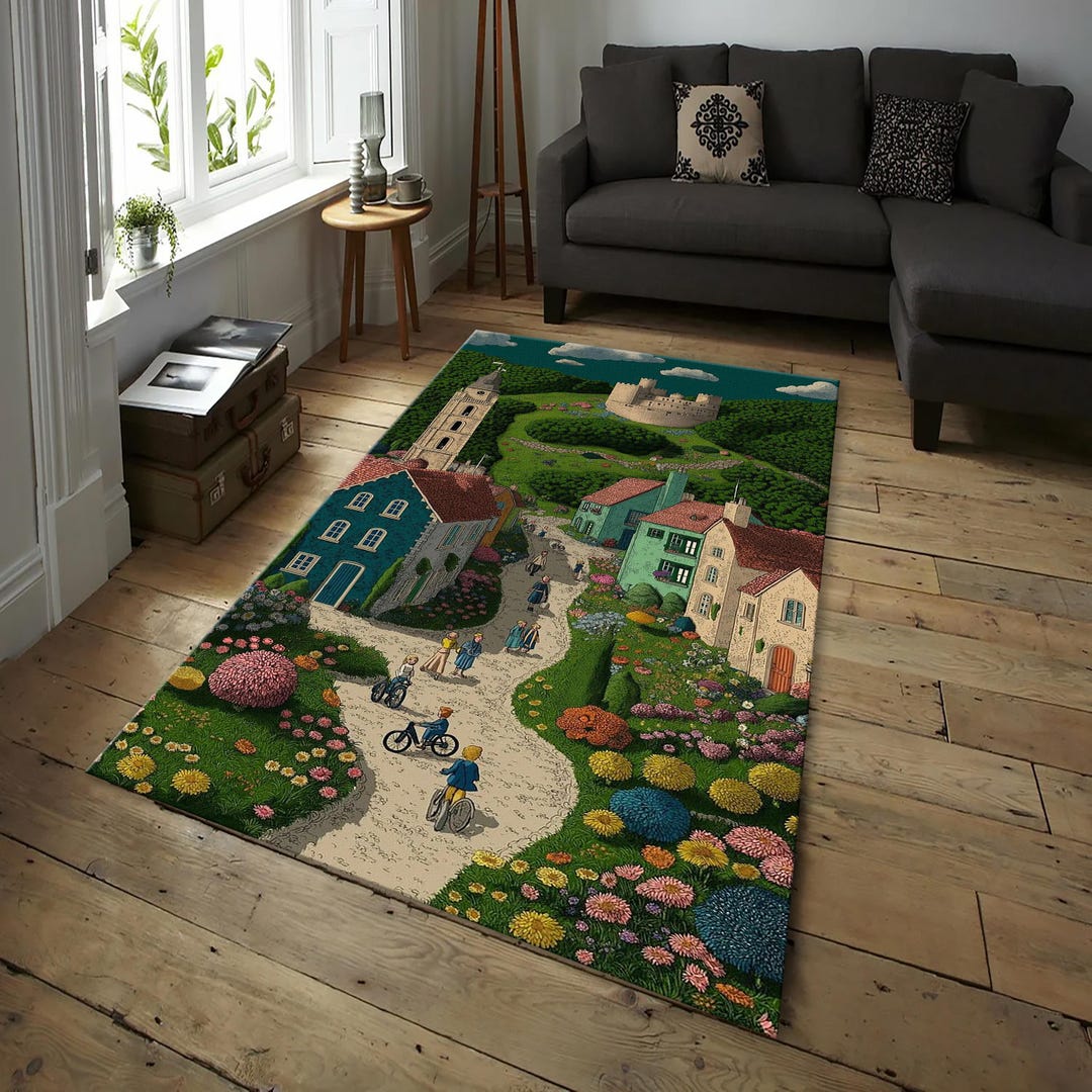 Fairytale Village Rug, Green Hills and Red Roof Castle Scene Carpet ...