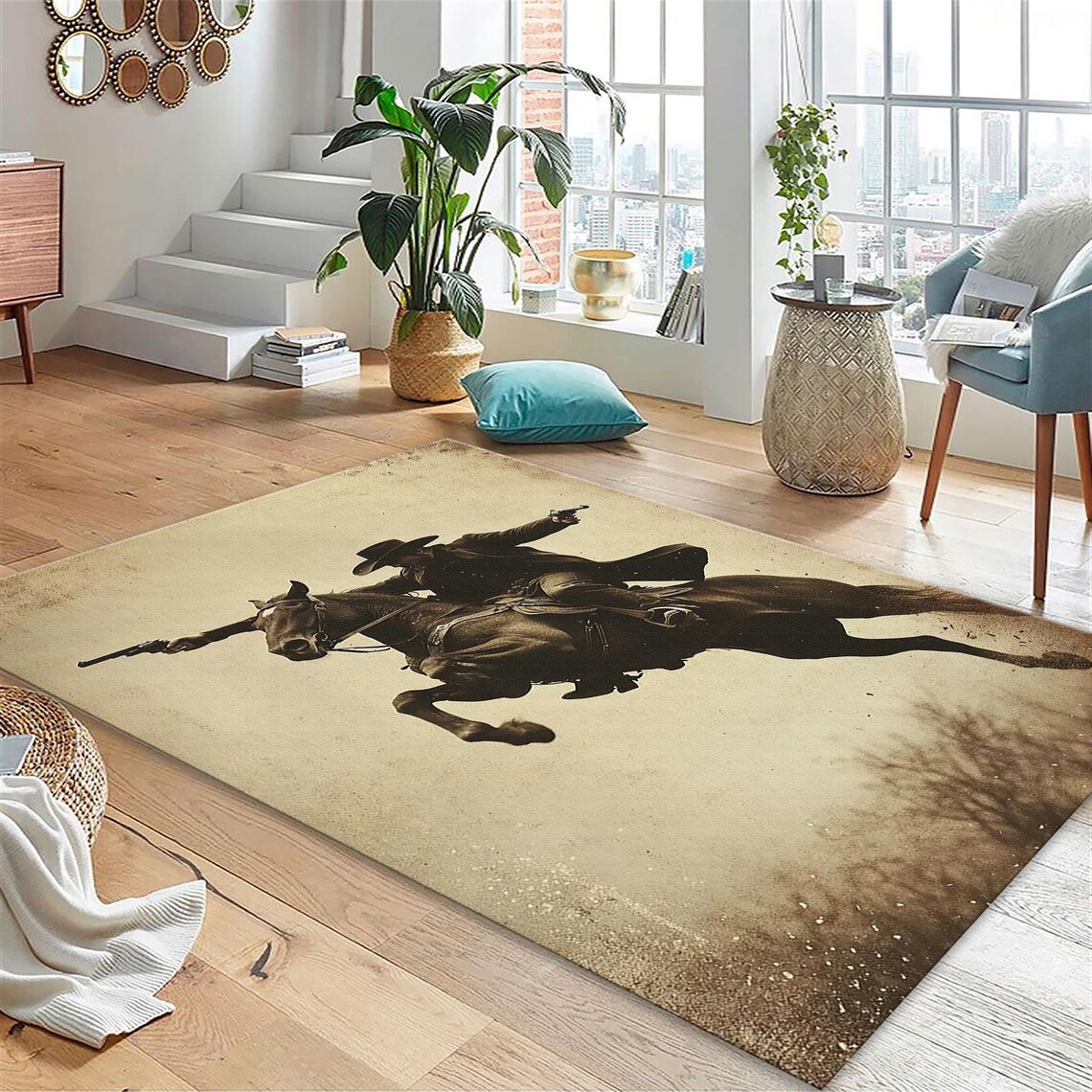 Rustic Retro Cowboy Rug, Cowboy Area Rug, Living Room Rug, Western Rug ...