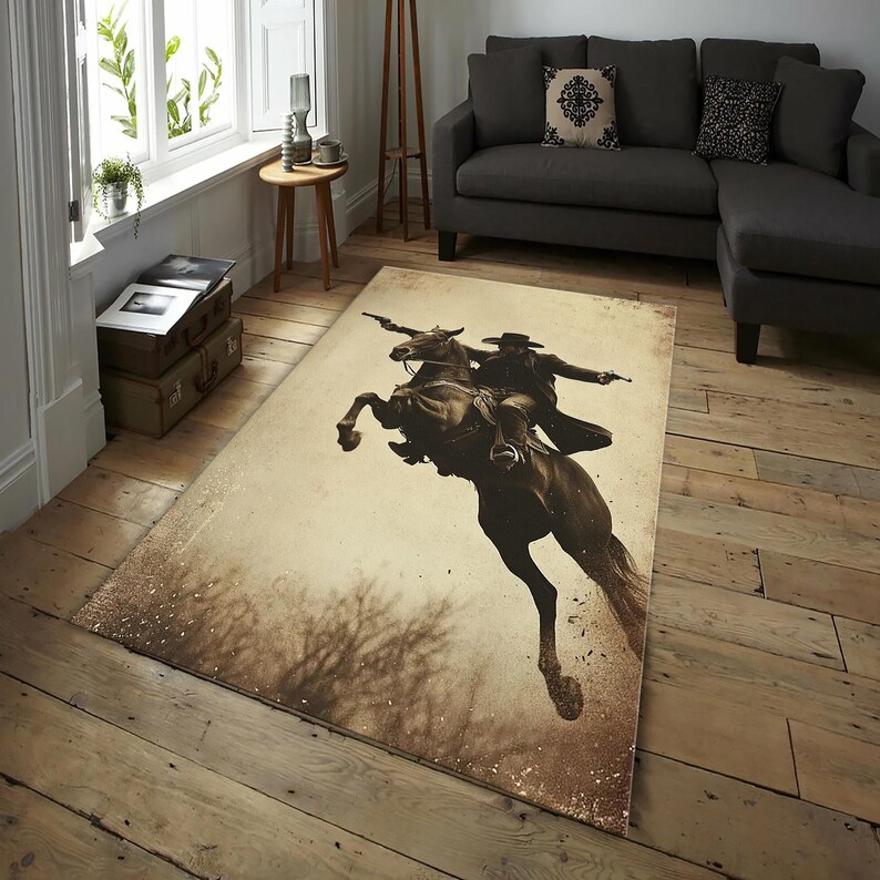 Rustic Retro Cowboy Rug, Cowboy Area Rug, Living Room Rug, Western Rug ...