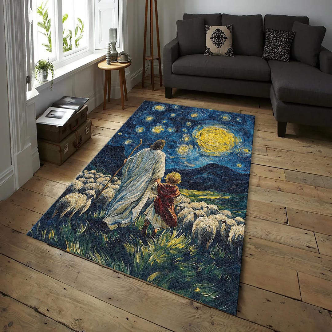 Jesus and Child Starry Night Style Carpet | Religious Art Rug for Home ...