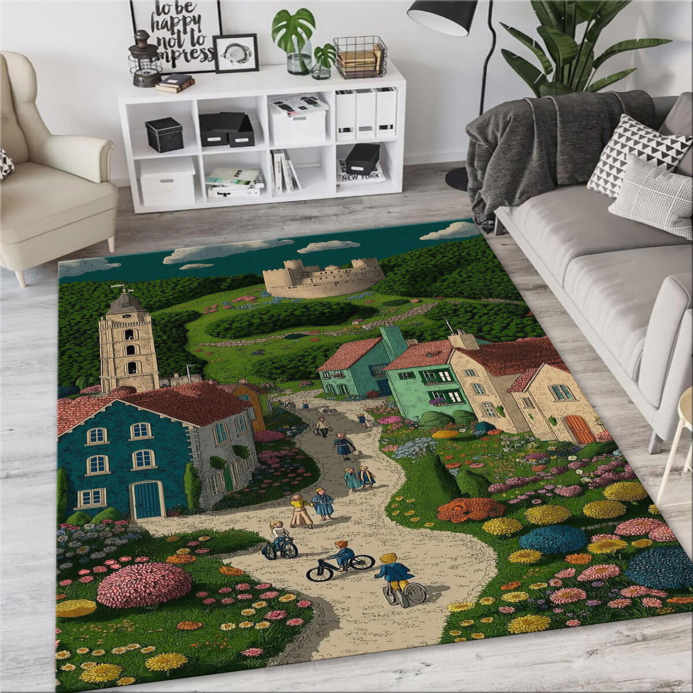 Fairytale Village Rug, Green Hills and Red Roof Castle Scene Carpet ...