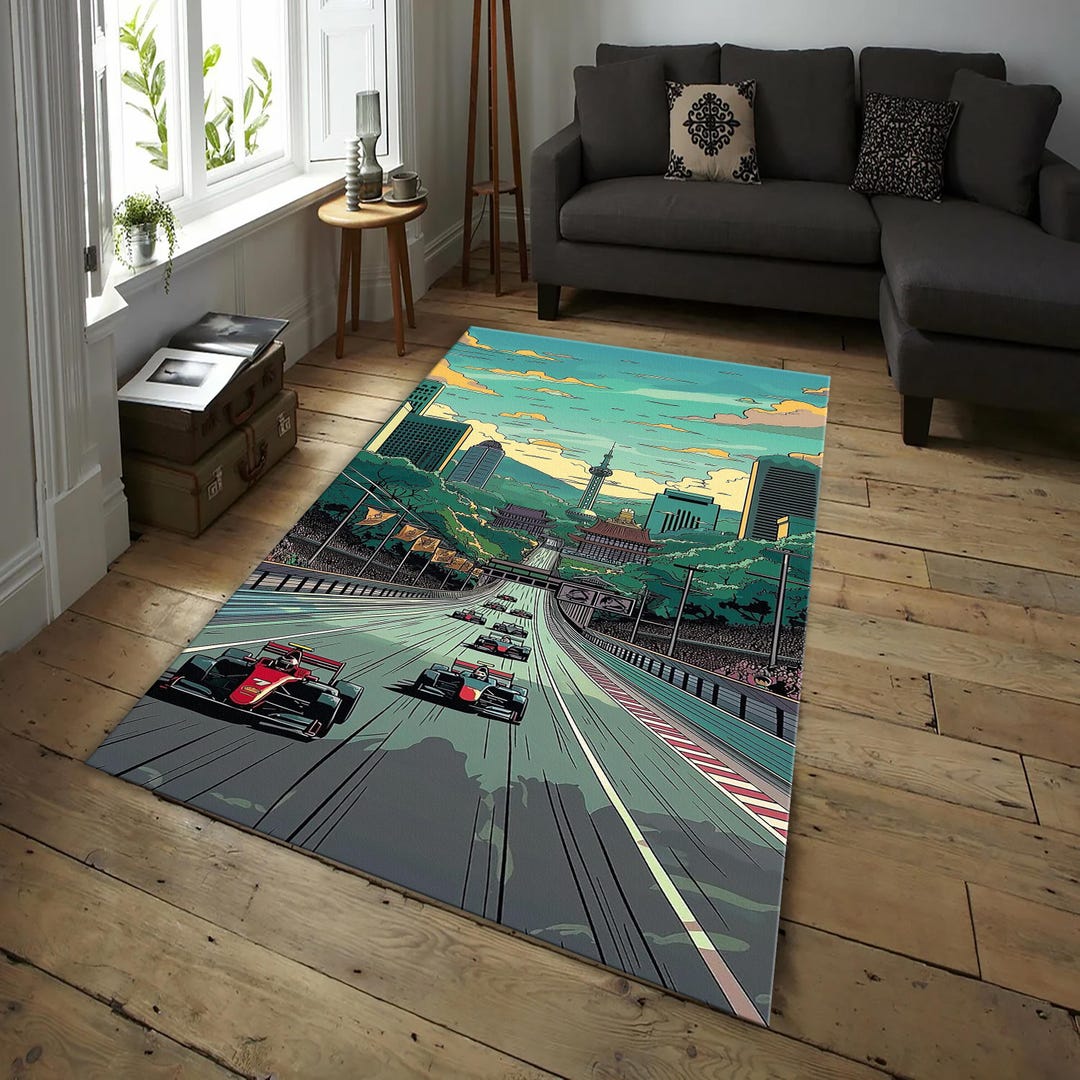 Formula Race Car Rug – Futuristic City Street Racing Carpet With Asian ...