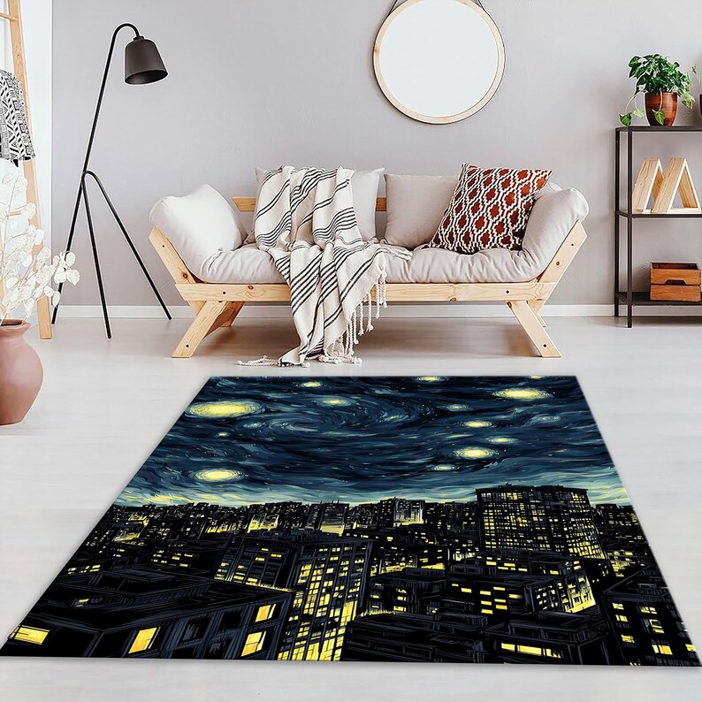 Starry Night Cityscape Rug – Van Gogh Style Colorful Floor Rug ...