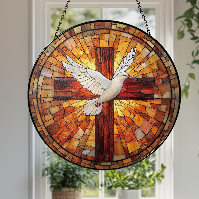 Holy Spirit Stained Glass Suncatcher, Cross & Dove Suncatcher ...