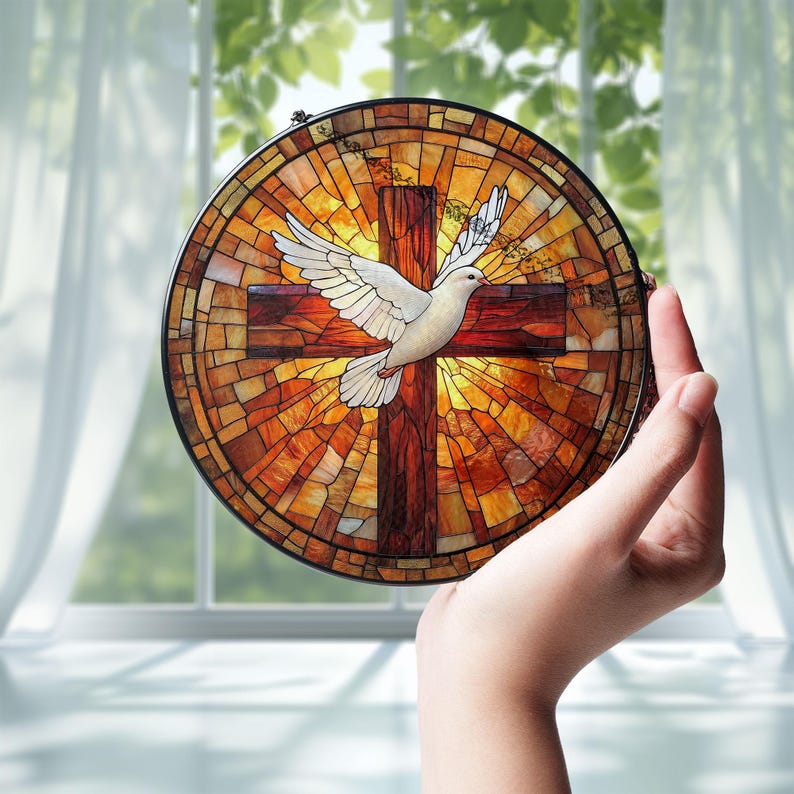 Holy Spirit Stained Glass Suncatcher, Cross & Dove Suncatcher ...
