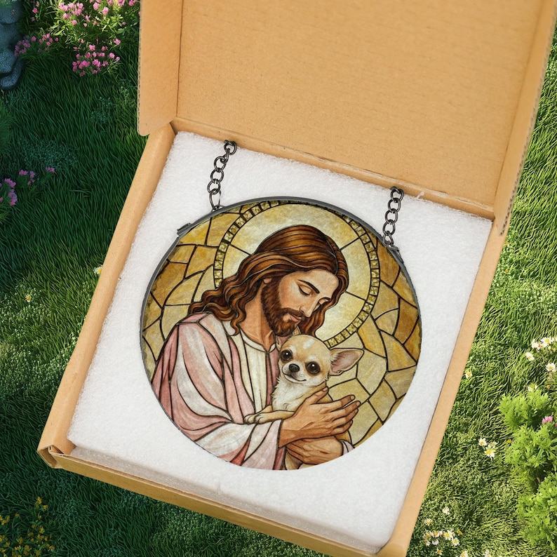 Custom Jesus Christ Hugging Dog Stained Glass Suncatcher, Religious ...