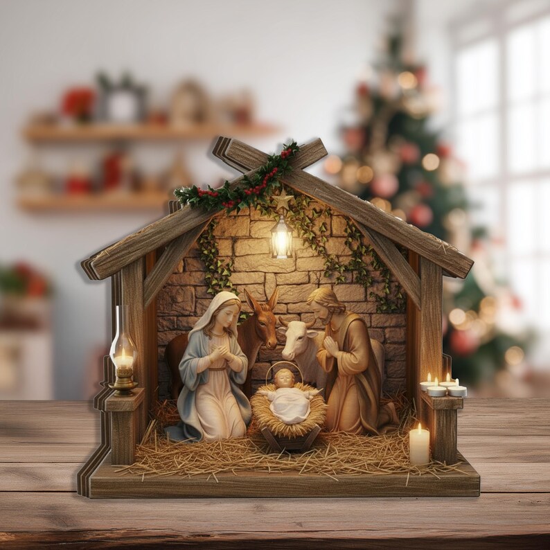 Wooden Nativity Scene Bloack, Holy Family Christmas Display, Rustic ...