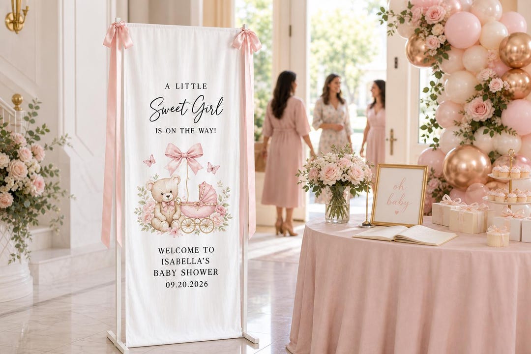 Sweet Girl Baby Shower Banner, Personalized Teddy Bear Welcome Sign ...