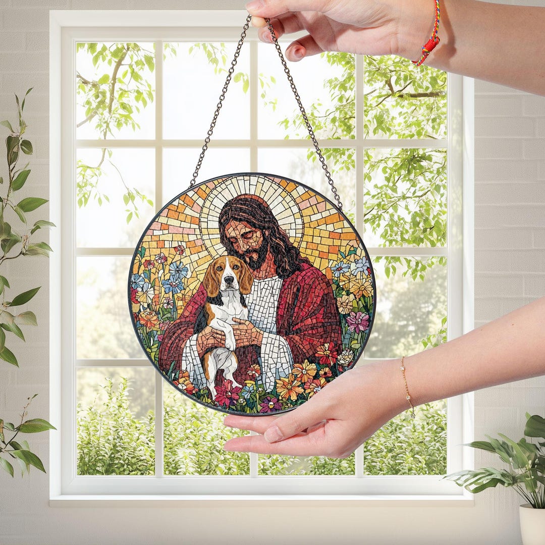 Jesus Holding Beagle Dog Stained Glass Suncatcher, Christian Dog ...