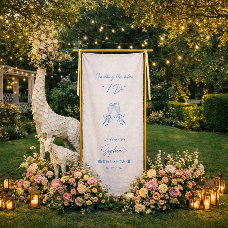 Something Blue Bridal Shower Banner, Linen Champagne Glass Backdrop ...