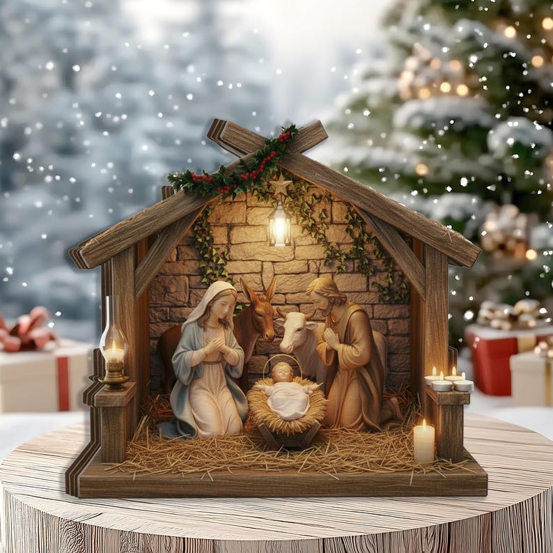 Wooden Nativity Scene Bloack, Holy Family Christmas Display, Rustic ...