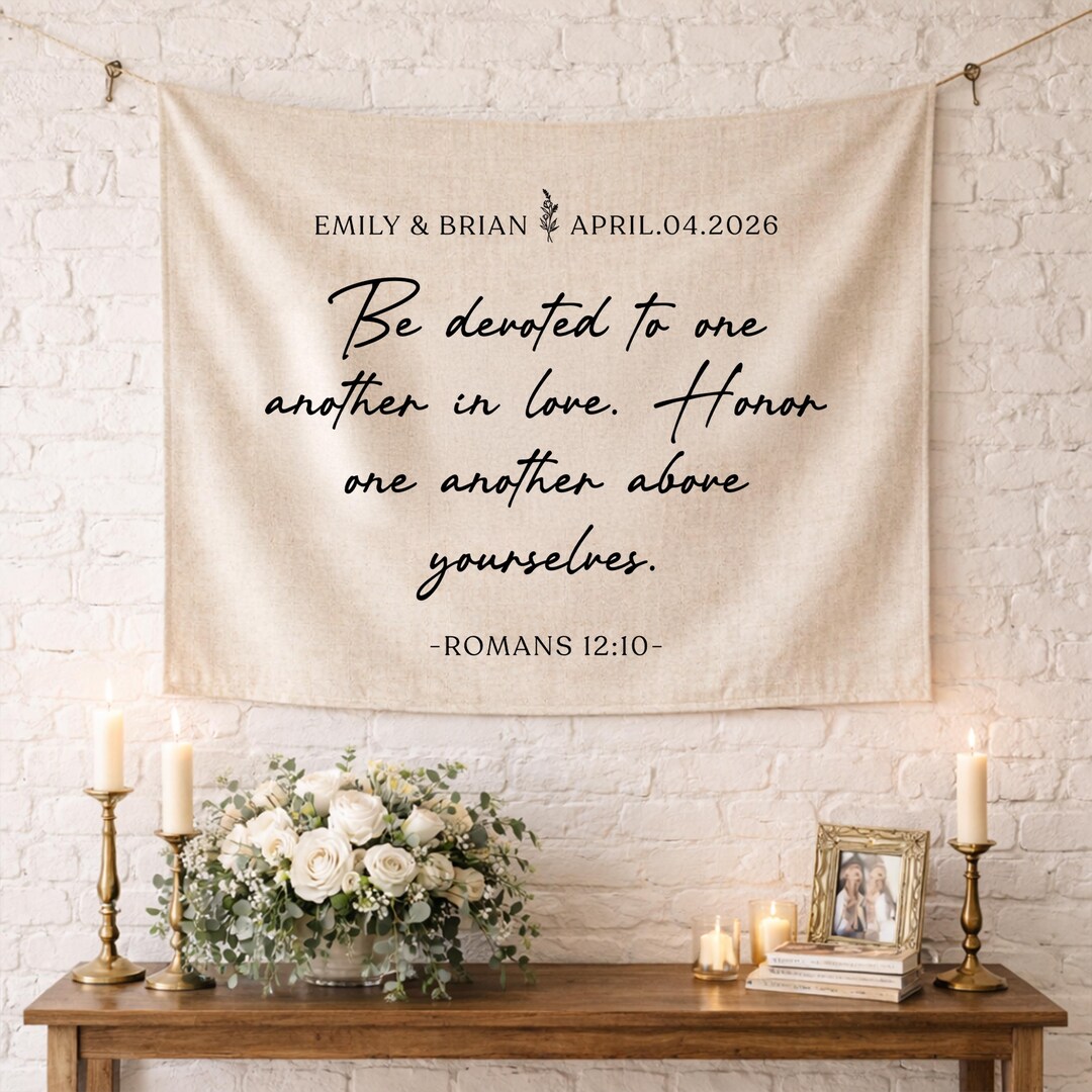 Personalized Linen Wedding Banner With Romans 12:10, Custom Names Date ...