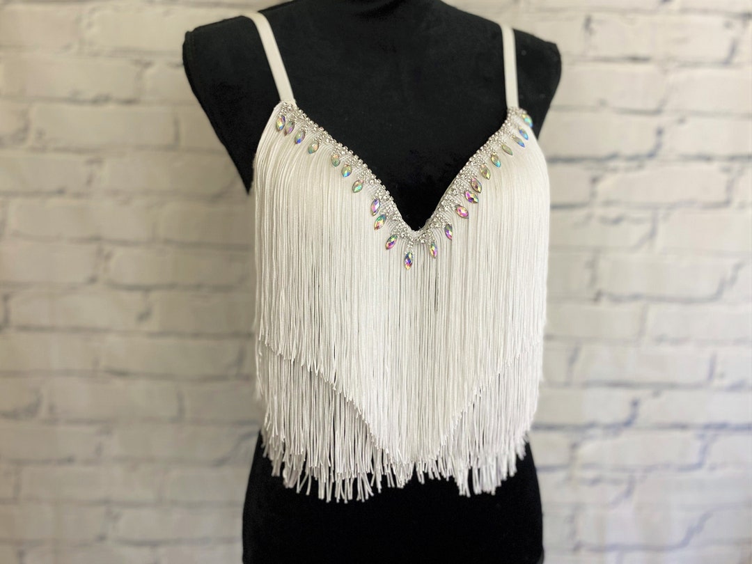Boho Rhinestones and White Fringe Bra Top - Etsy