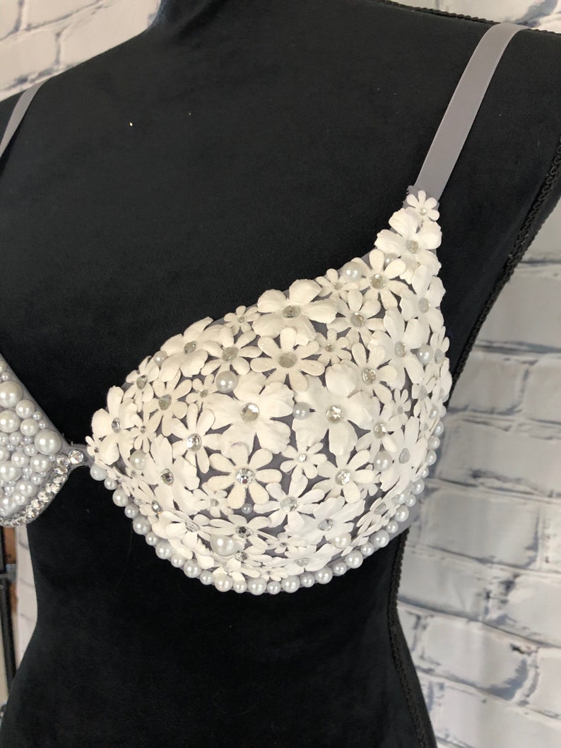 White Flowers and Pearls Rave Bra | Etsy