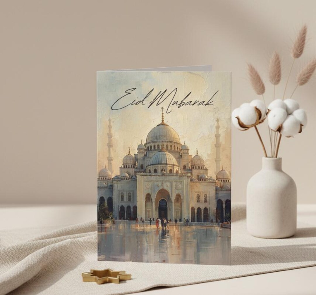 Mosque Watercolor Eid Card, Sunrise Islamic Painting Card, Fine Art Eid ...