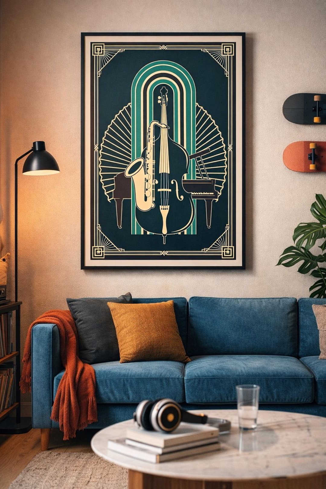 Art Deco Jazz Musicians Poster, Saxophone Double Bass & Piano Poster ...