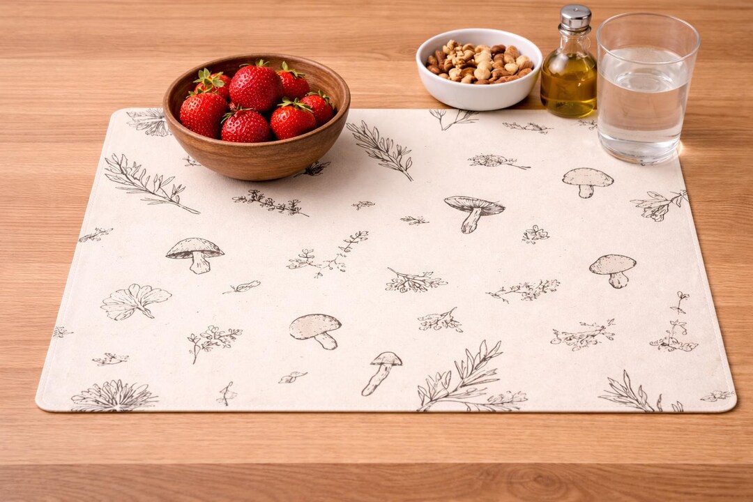 Vintage Mushroom & Botanical Sketch Placemat, Cream and Black Line Art ...