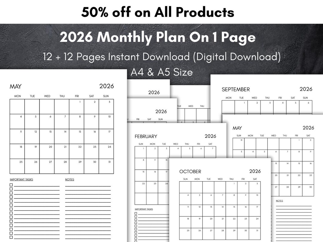 2026 Monthly Planner Printable, Minimalist Calendar Organizer (A4, A5 ...