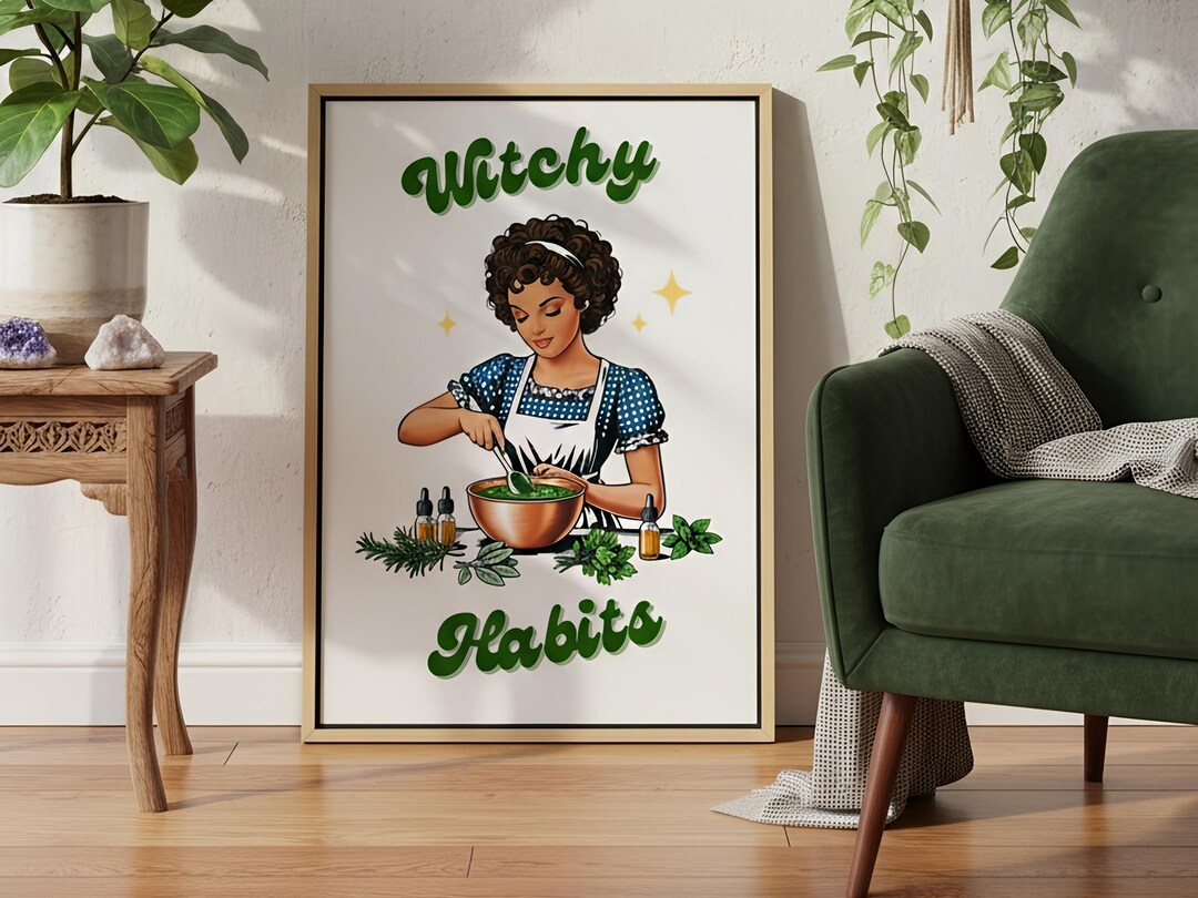 Witchy Habits 50s Witch Retro Digital Wall Art Poster Curly Hair - Etsy