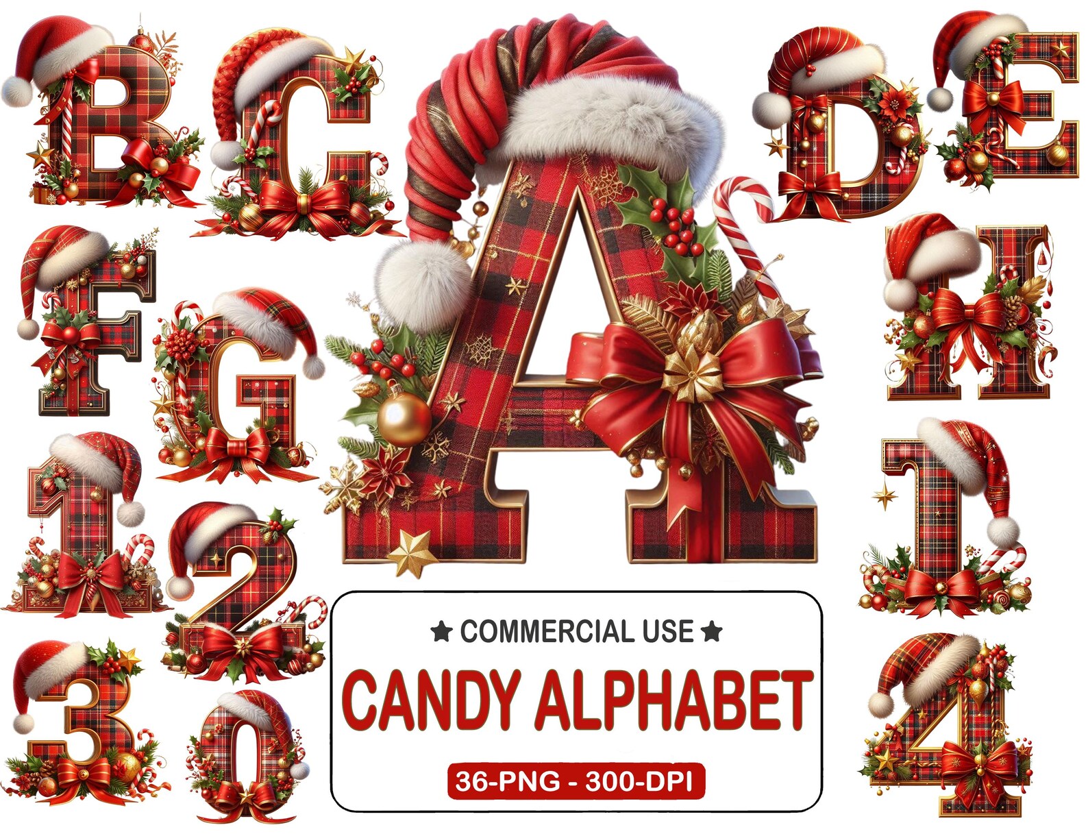 Christmas Alphabet Clipart Bundle PNG, Festive Holiday Letters Set for ...