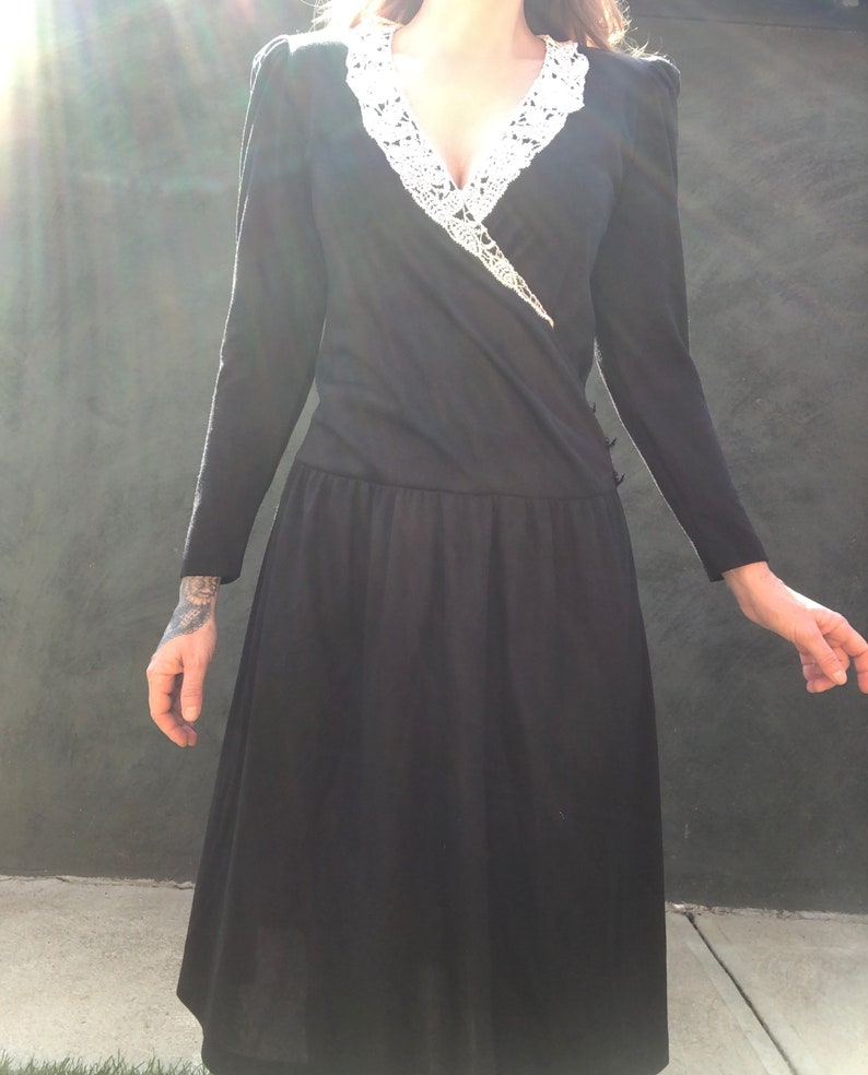 Vintage 90s Goth Governess Lace Collar Black Surplice Wrap Midi Dress S ...