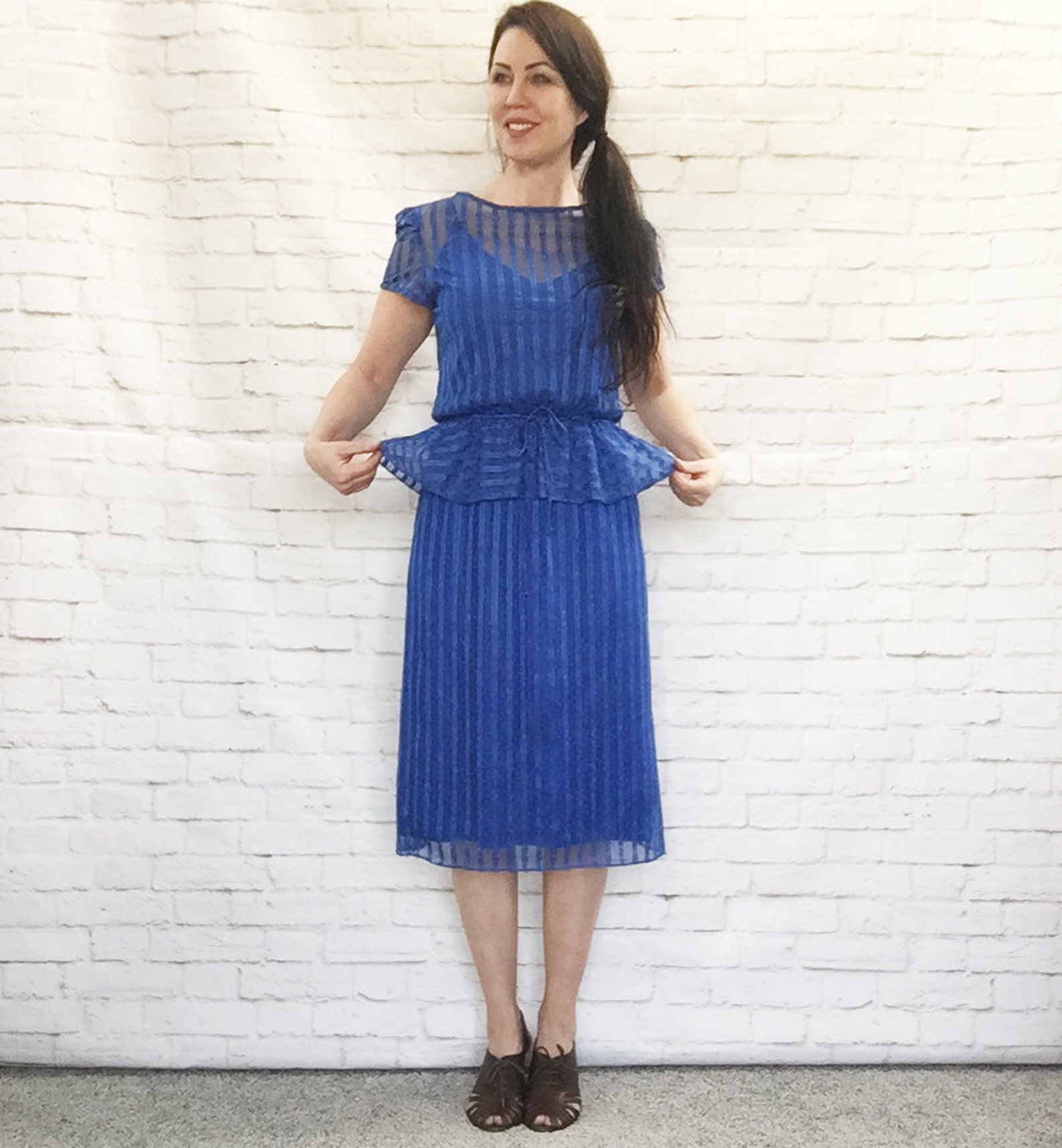 Vintage 80s Sheer Striped Peplum Ruffle Dress S M Belted Blue Floral ...