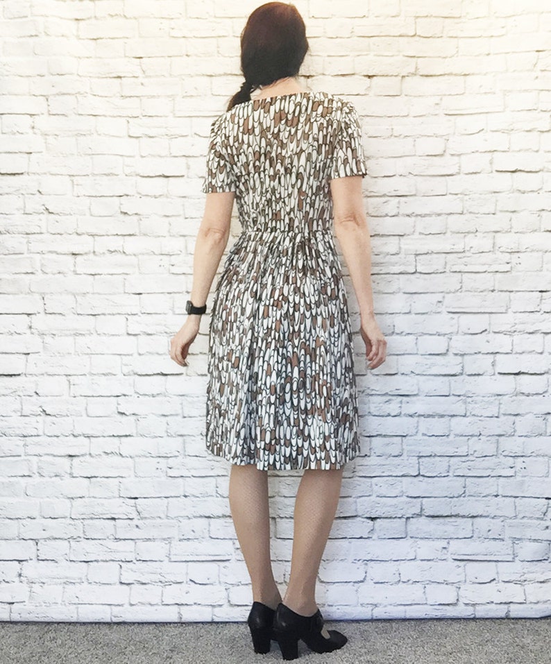 Vintage 50s Atomic Novelty Print Dress XS S White Black Brown Knee ...