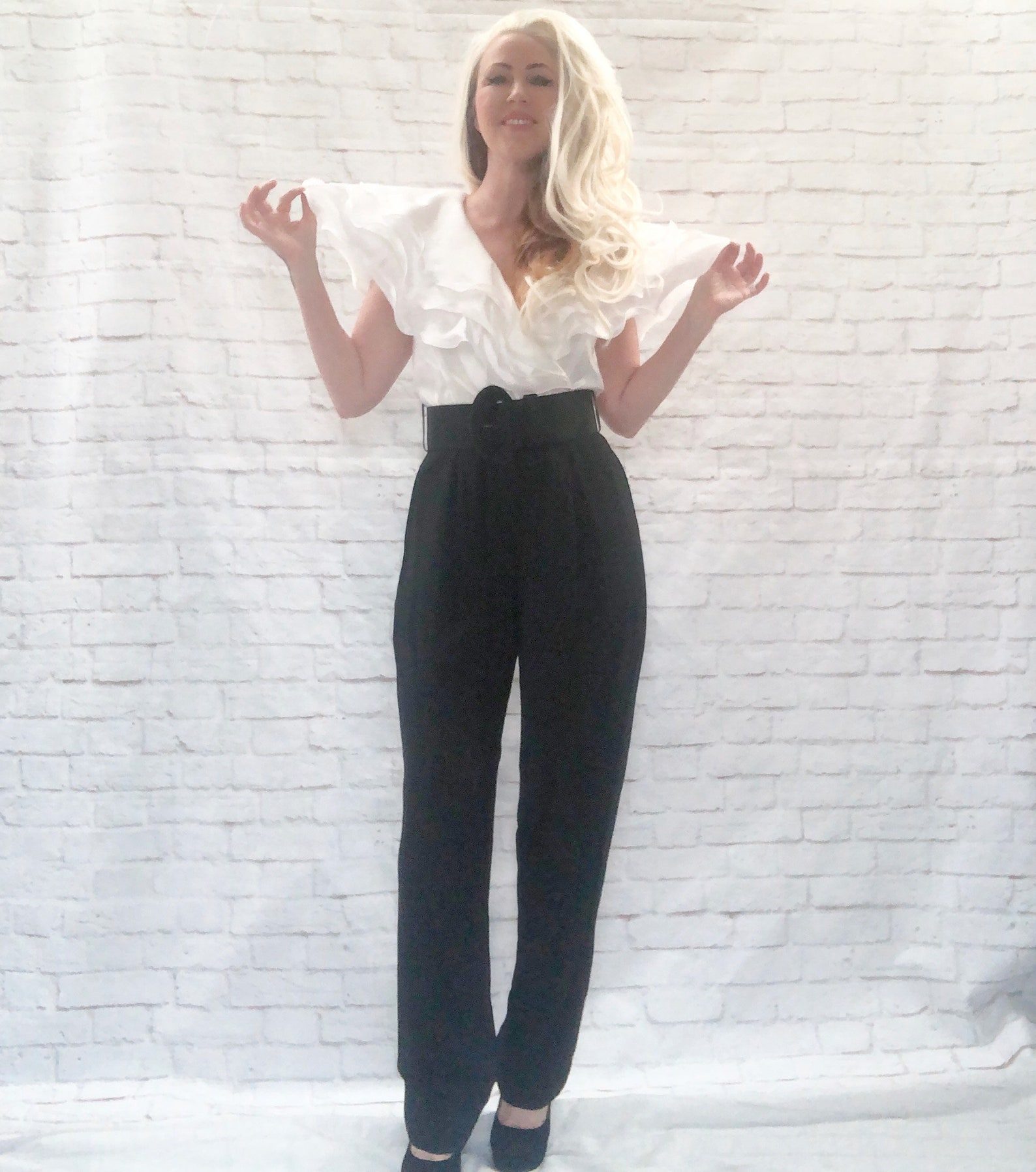 Vintage 80s Ruffled Wide Belted Formal Top Jumpsuit M L Black | Etsy