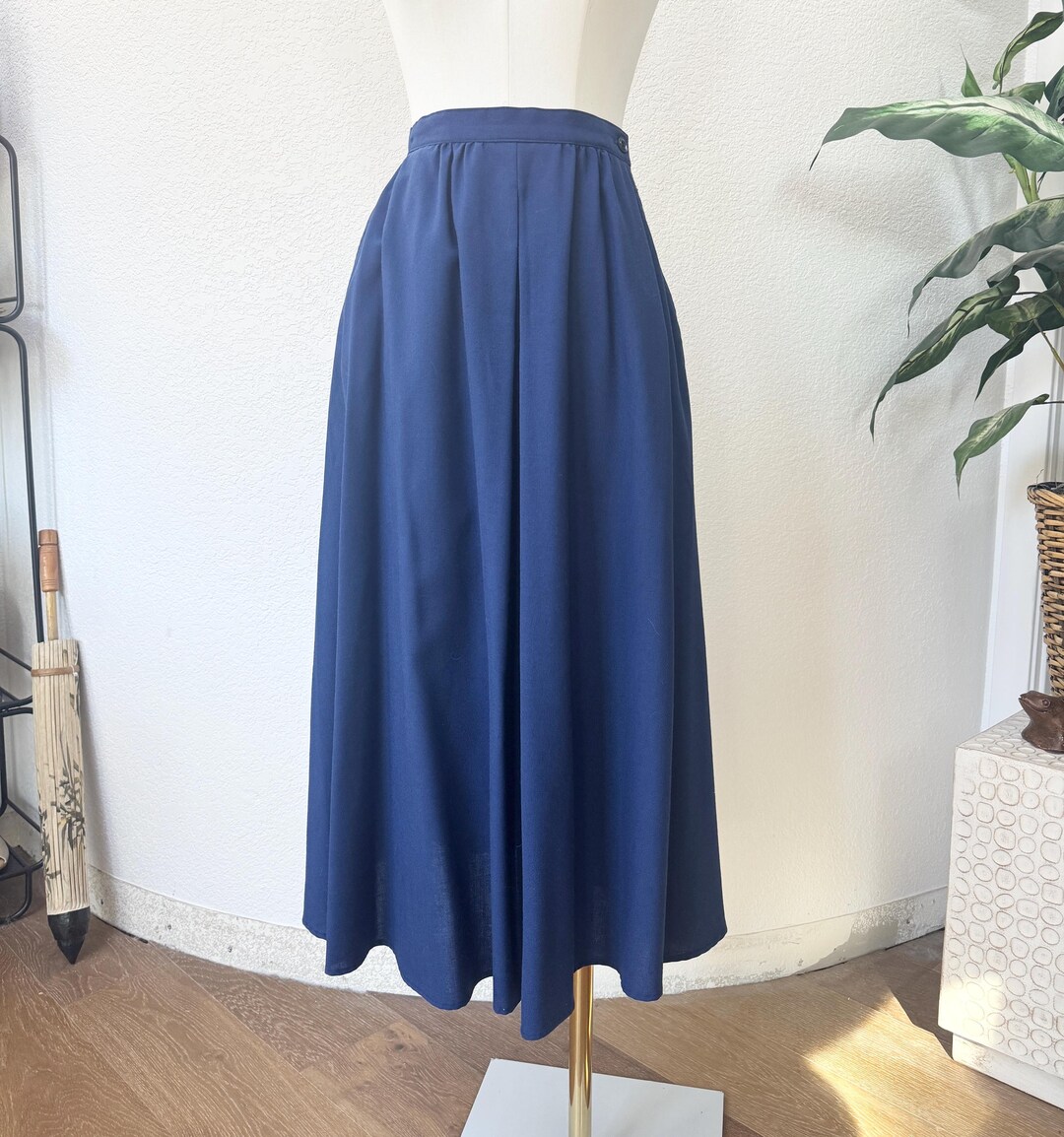 Vintage 80s Box Pleated Riding Skirt Navy Blue Twill Calf Length Preppy ...