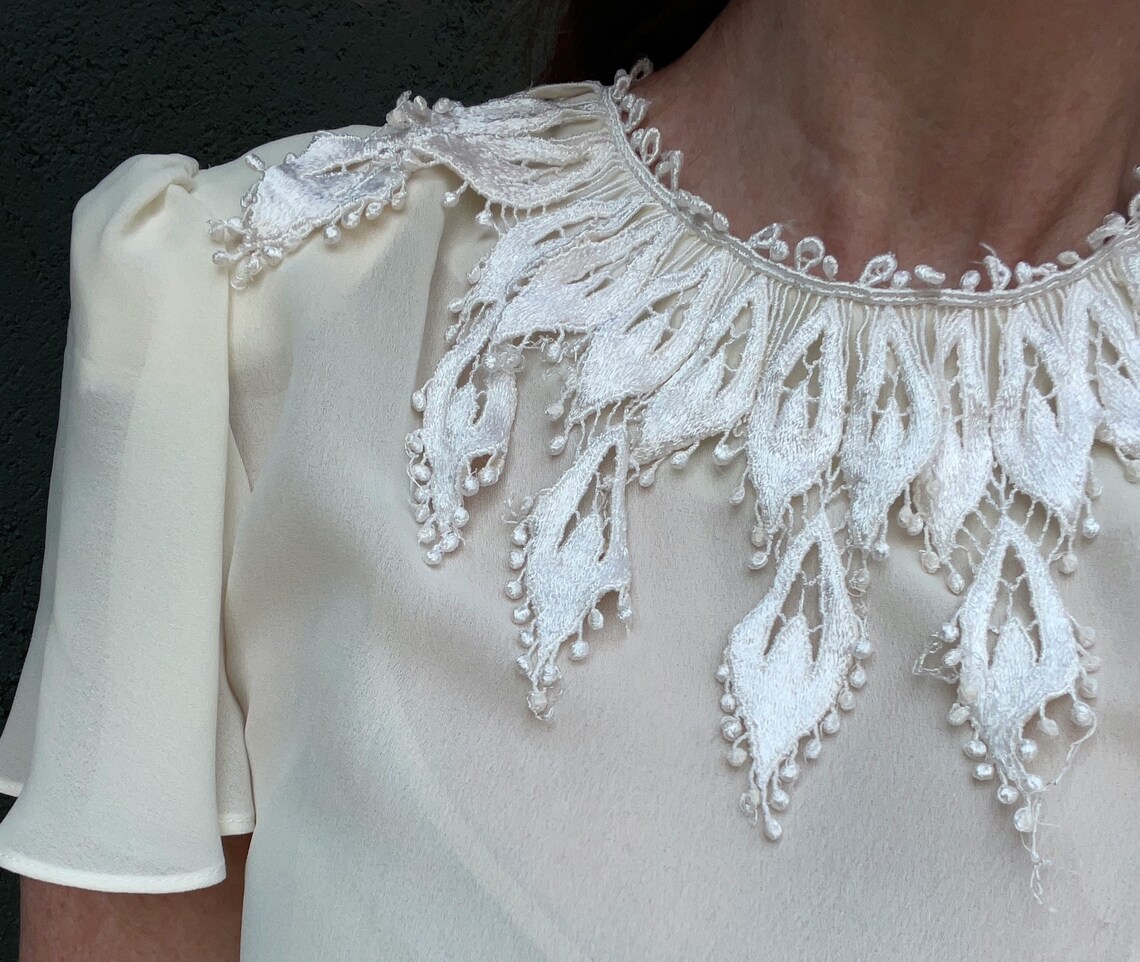 Vintage 80s Sheer Cream Lace Collar Dress Midi Pleated Skirt S - Etsy